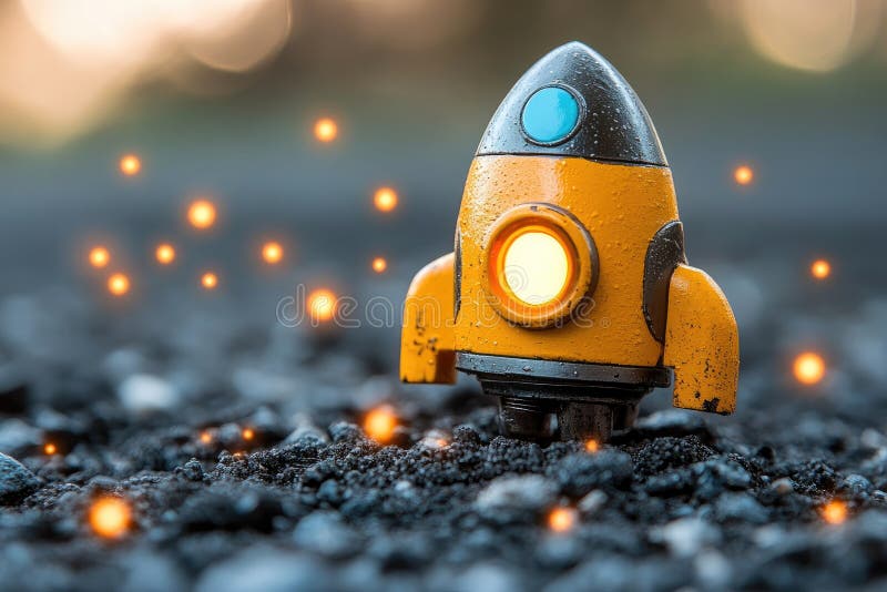Small Yellow Rocket on Dark Ground with Glowing Lights Stock ...