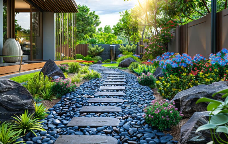 Small Zen Garden with Stone Path Pebbles and Agaves Stock Image - Image ...
