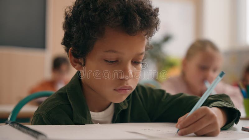 Smart African American Guy Boy Think Writing Notes Task Exercise Class ...