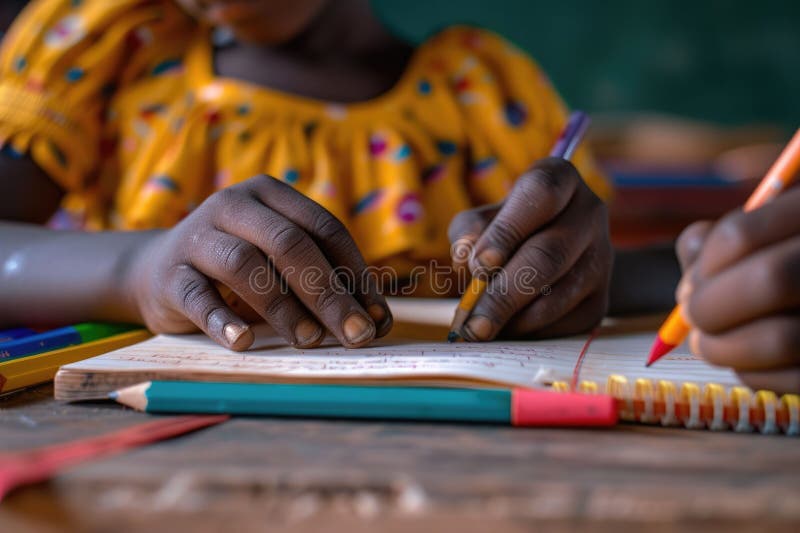Smart African Children Focus on Writing a Diary while Sitting at School ...