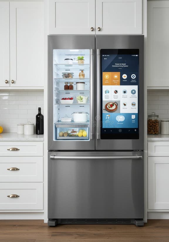 Smart AI-powered Refrigerator with Touchscreen Panel in Modern Kitchen ...