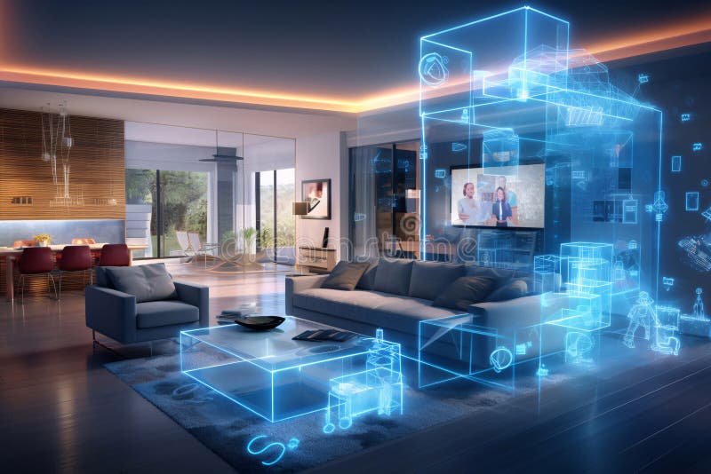 Smart AI Technology in Clean Bright House. Modern Living Room with ...