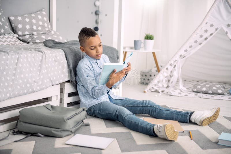 Smart Ambitious Boy Reading Book Stock Photo - Image of international ...