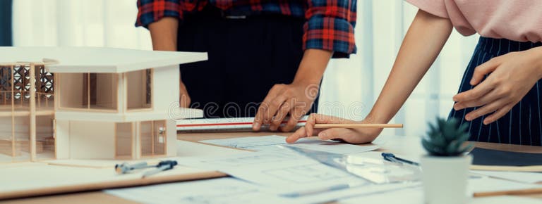 Smart Architect Engineer Working Together and Measuring House Model. Burgeoning. Stock Photo ...
