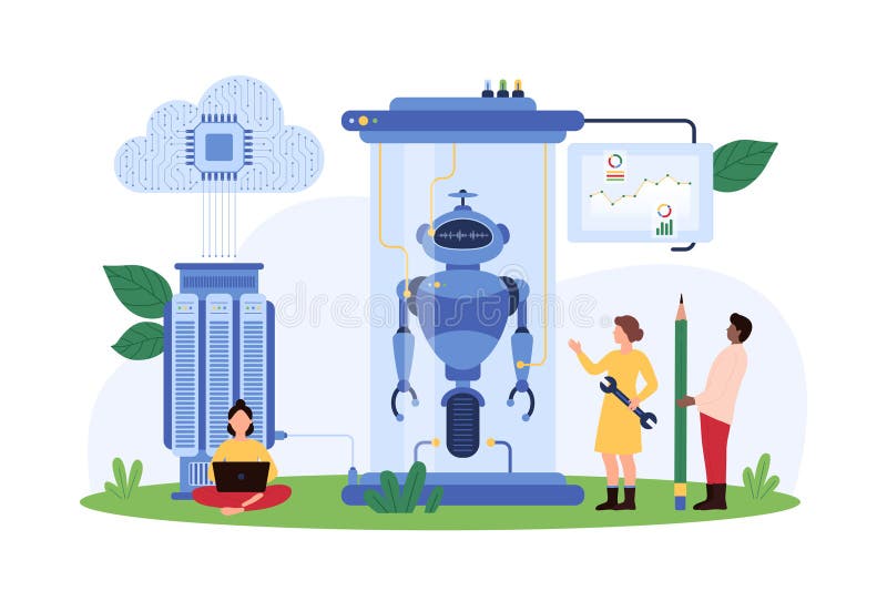 Smart Assistant Creation, AI Development, Tiny People Repair Robot Inside Lab Equipment Stock ...