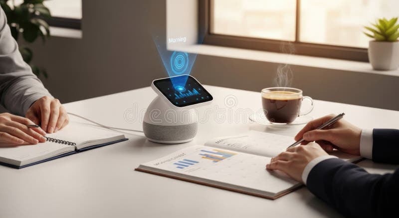Smart Assistant Device in Business Meeting with Coffee and Notebooks ...