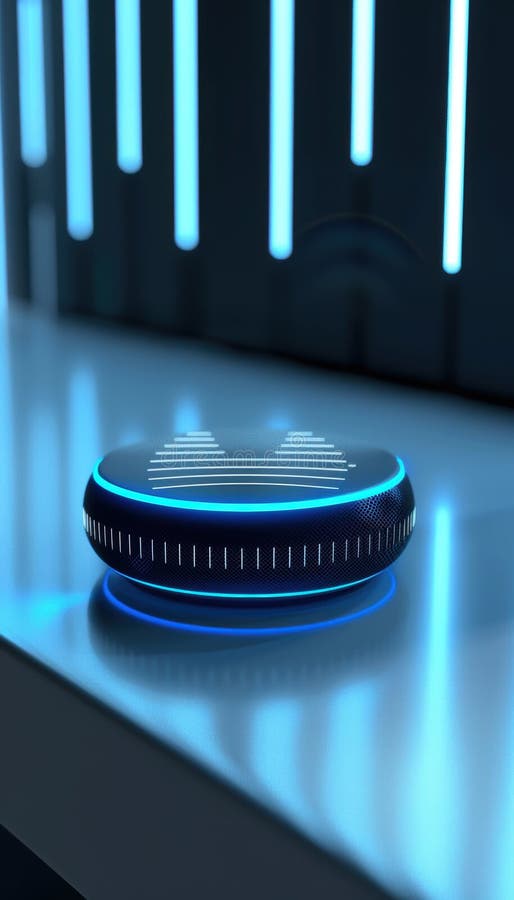Smart Assistant Device on Minimalist Desk with Glowing Sound Waves for ...