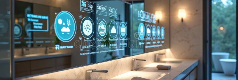 Smart Bathroom Mirror Display with Interactive Interface in Modern Home Stock Photo - Image of ...