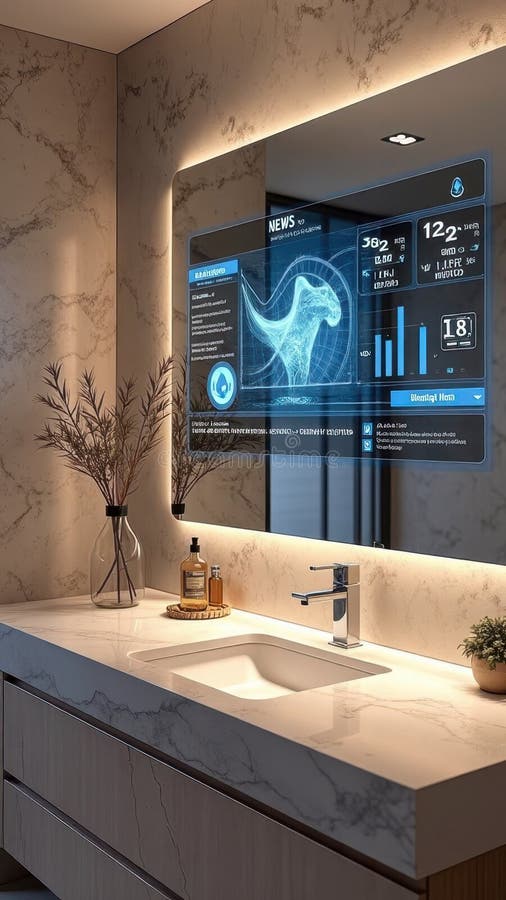 Smart Bathroom Mirror Display with News and Weather Interface in Modern ...