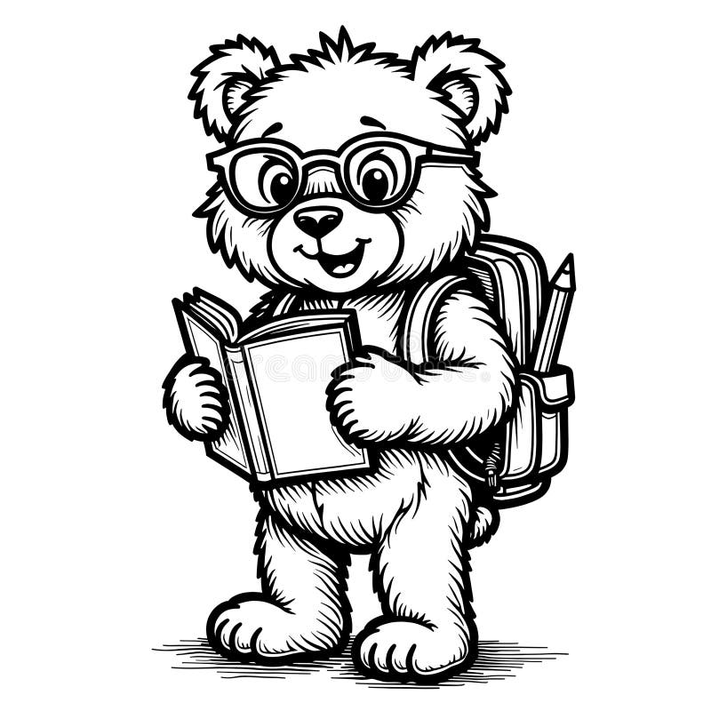 Smart Bear Reading Book with Backpack Stock Illustration - Illustration ...