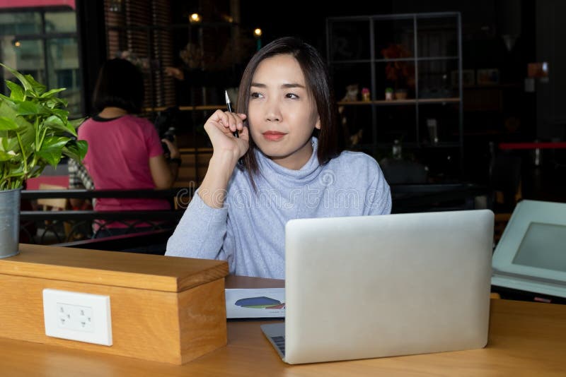 Smart Beautiful Clever Asian Female Thinking of Serious Information of ...