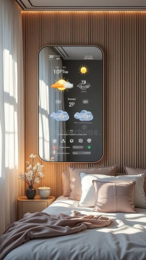 Smart Bedroom with Digital Weather Display on Wall for Modern Interior ...
