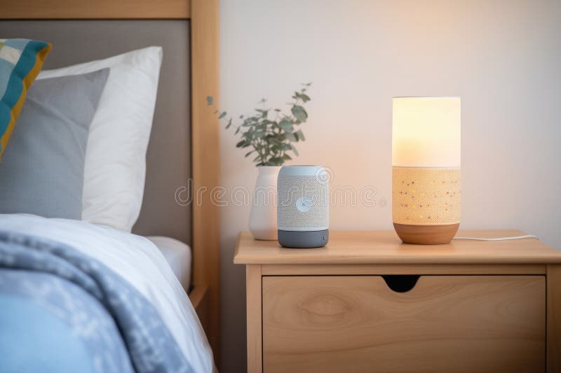 Smart Bedside Lamp Glowing with Voice Command Stock Image - Image of ...