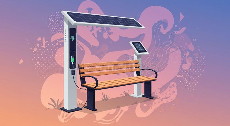 Smart Bench Featuring a Wooden Seat with Metal Armrests, Equipped with ...