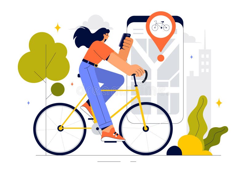 Smart Bike Vector Illustration Featuring a Navigation App with a Map ...
