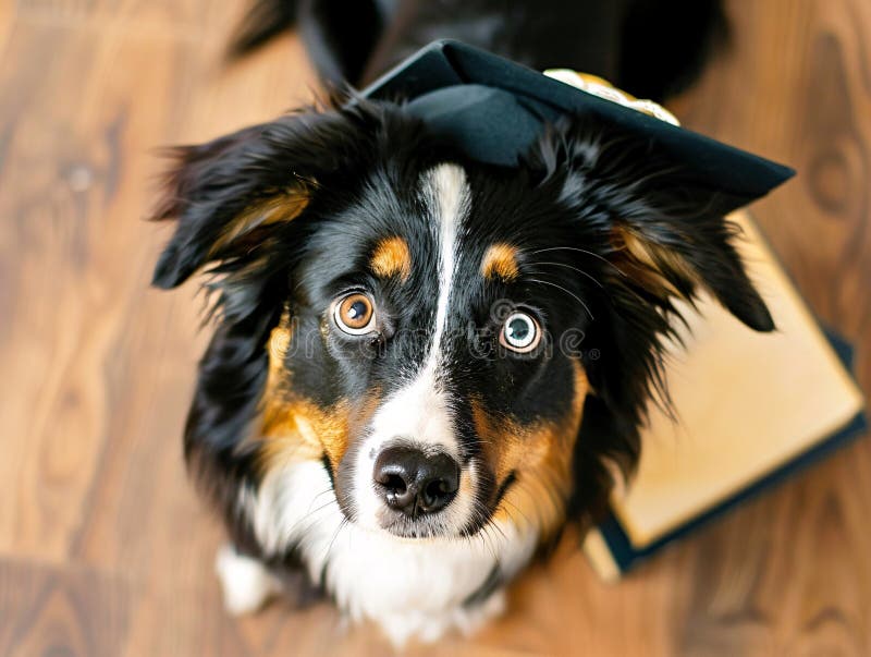 Smart Border Collie Dog Wearing a Graduation Cap Looks at the Camera ...