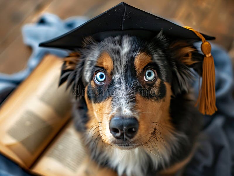 Smart Border Collie Dog Wearing a Graduation Cap Looks at the Camera ...