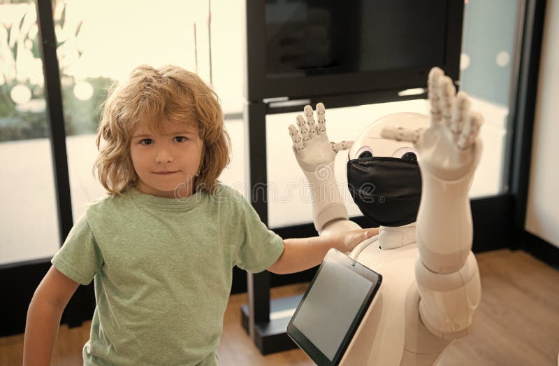 Smart Boy Child Communicate with Robot Assistant Technology for Modern ...