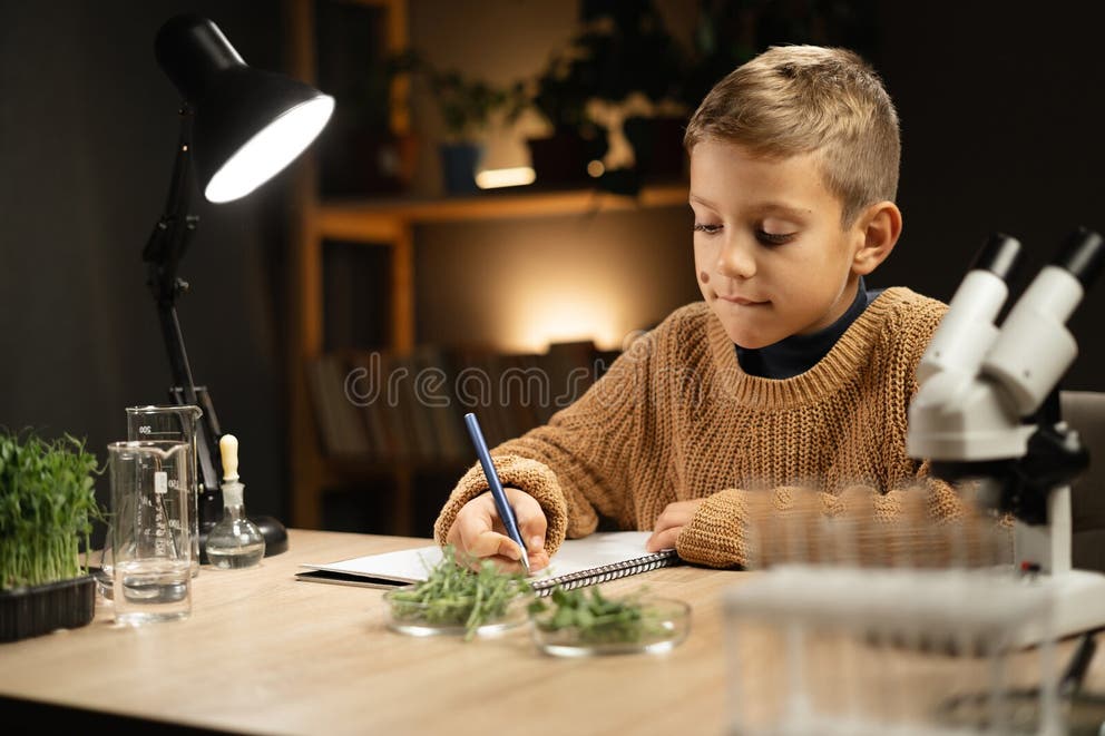 Smart Boy Student Confident Using Microscope, Making Notes in Notebook ...