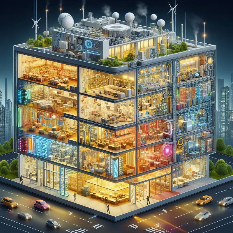 Smart Building Cross Section with HVAC and Lighting Systems Deta Stock ...