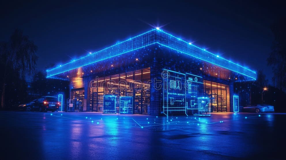 Smart Building Utilizing Edge Computing Technology Illuminated at Night ...