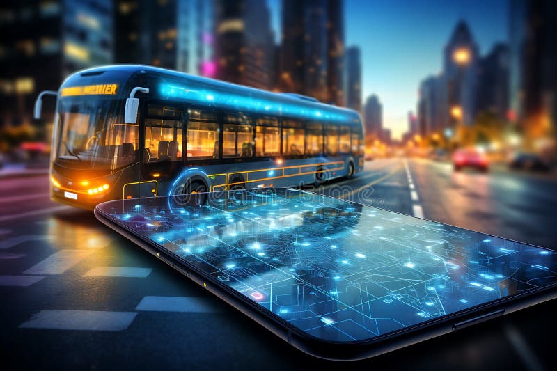 Smart Bus with Map and City in the Background. 3d Rendering Stock ...