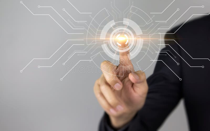 A Smart Business Man Finger Touching a HUD Effect for Pressing Button ...