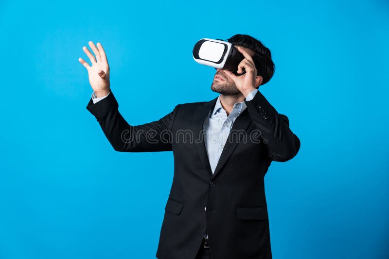Professional Business Man Holding Something while Touching VR Goggle ...