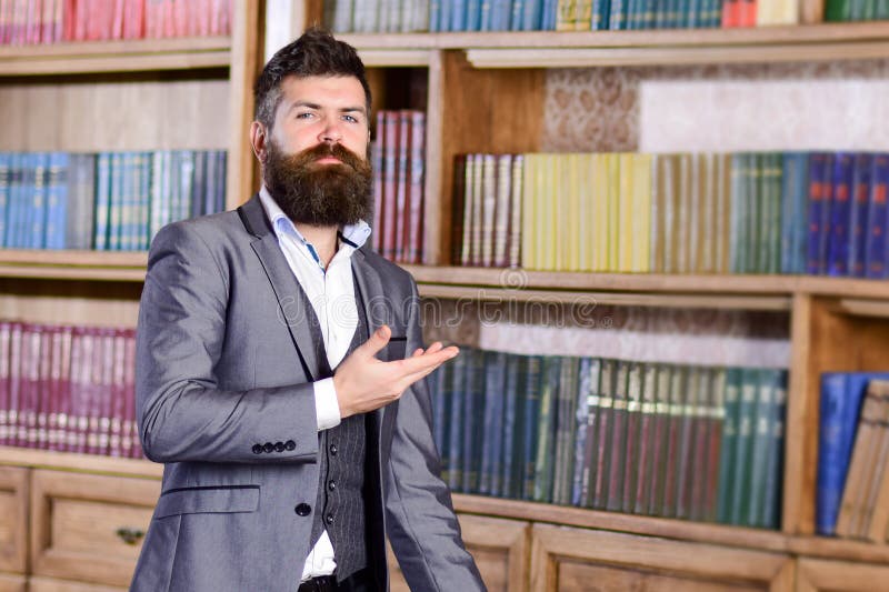Smart Business Man Standing Near Bookcase in Vintage Library Stock ...