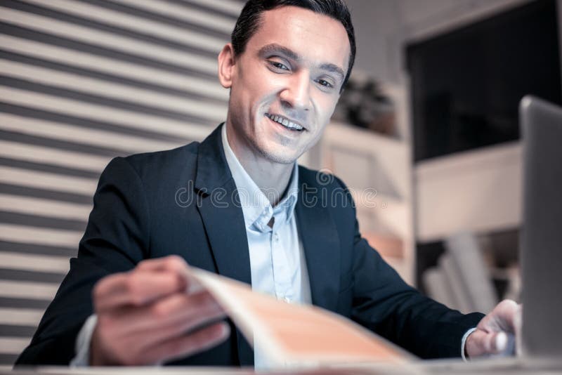 Cheerful Positive Smart Man Being at Work Stock Photo - Image of ...