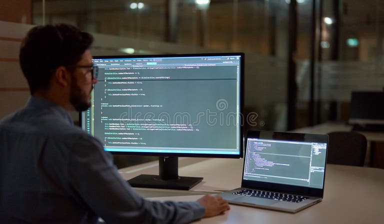 Busy Business Man Software Developer Working Late on Computer in Dark ...