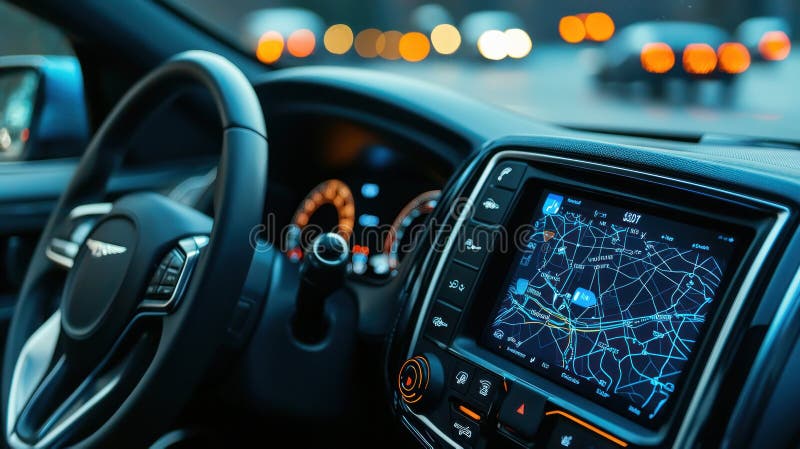 A Smart Car Dashboard with Advanced Navigation and Connectivity Stock ...