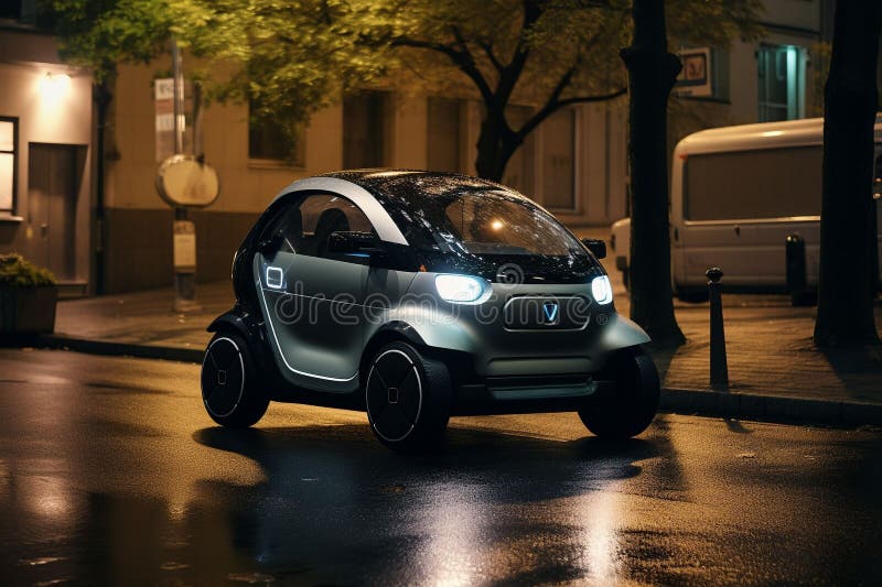 Smart Car Driving Down a Lit Street at Night, AI-generated. Stock ...