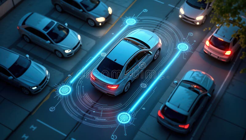 Smart Car Parking Assist System Visualized. Autonomous Car on Road. Tech Scans Road Safely ...