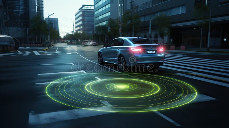 Smart Car Radar Detection System, Driving and Parking in Big City Stock ...