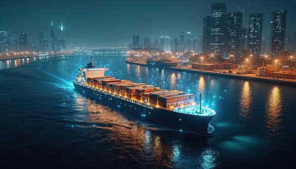 Smart Cargo Ship Sailing through Modern Harbor. Digital Connectivity ...