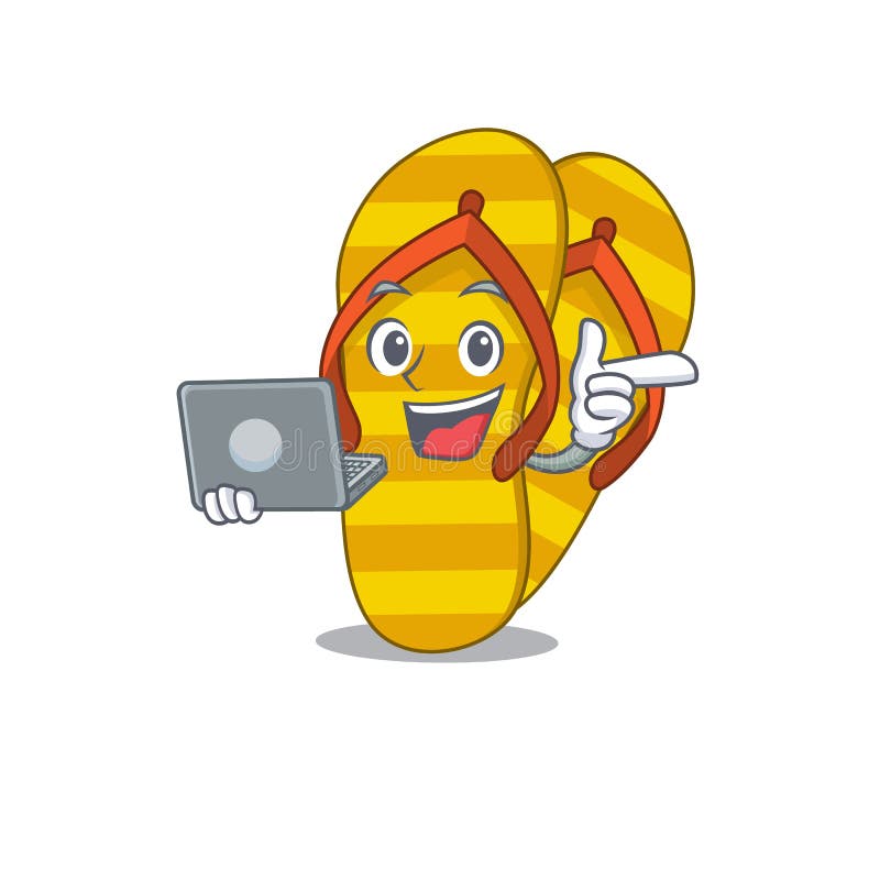 Smart Cartoon Character of Flip Flops Studying at Home with a Laptop ...