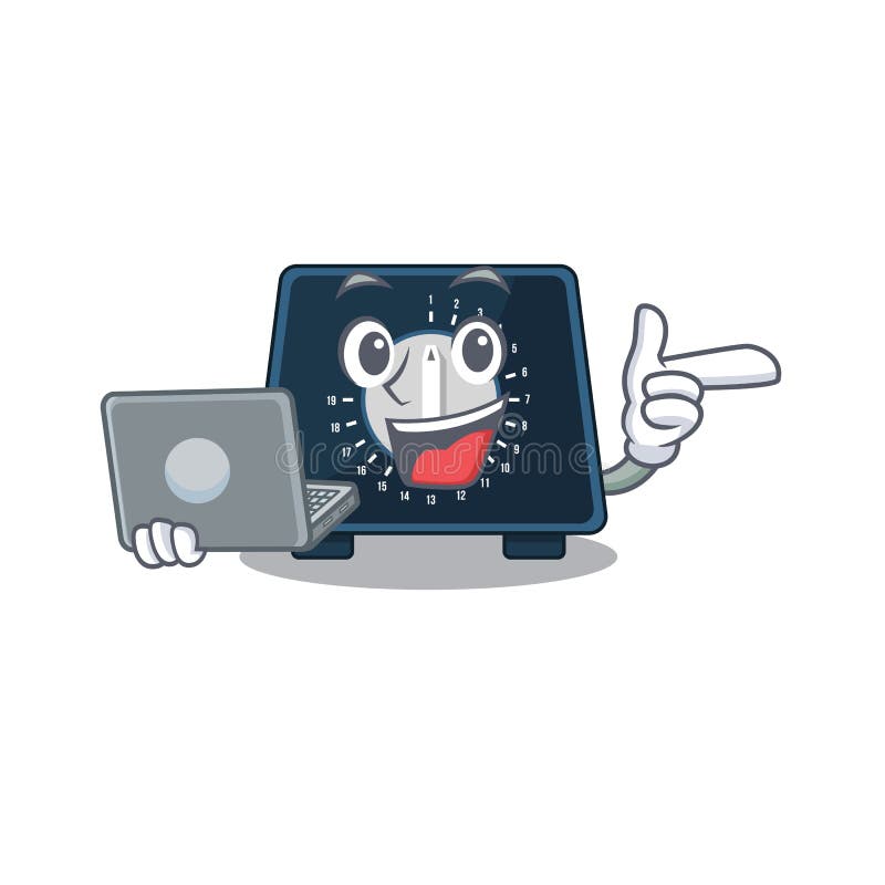 Smart Cartoon Character of Kitchen Timer Studying at Home with a Laptop ...