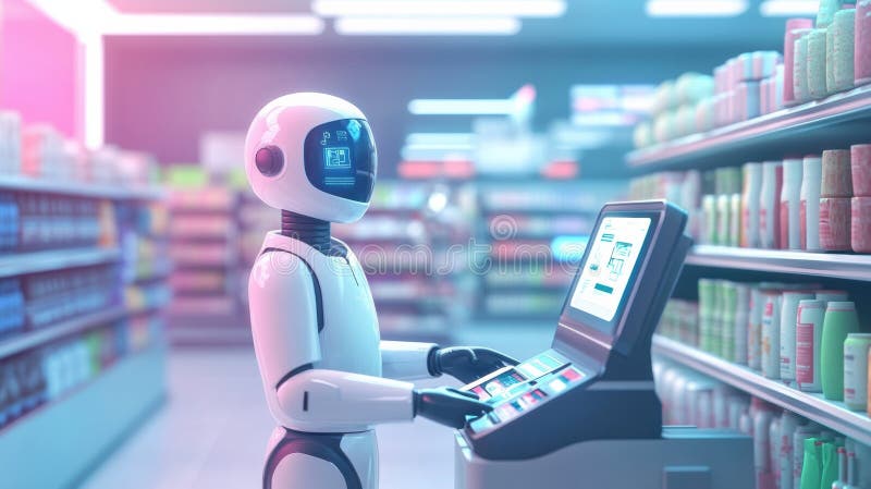 Smart Cashier Operates Automated Checkout in Modern Supermarket ...