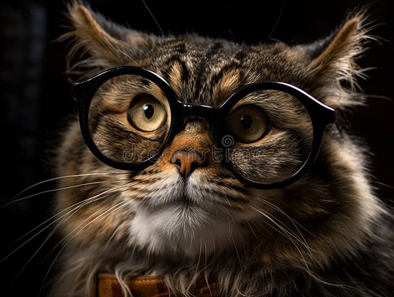 Smart Cat in Glasses on Black Background Editorial Photography - Image ...