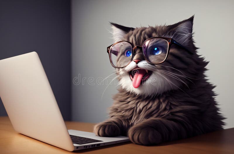 Smart Cat in Glasses with Open Mouth Sitting at Laptop. Generative AI ...