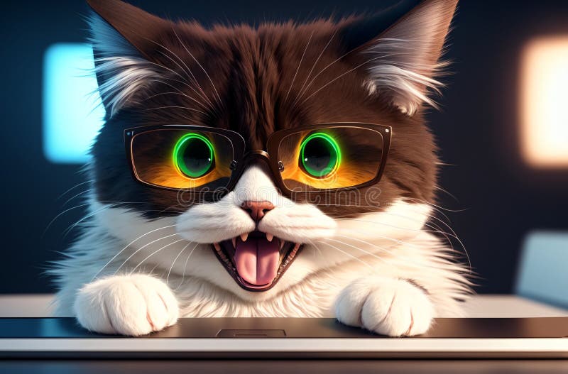 Smart Cat in Glasses with Open Mouth Sitting at Laptop. Generative AI ...