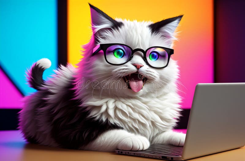 Smart Cat in Glasses with Open Mouth Sitting at Laptop. Generative AI ...