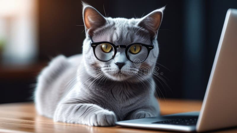 Smart Cat with Glasses Using Laptop for Remote Work in Modern Home ...
