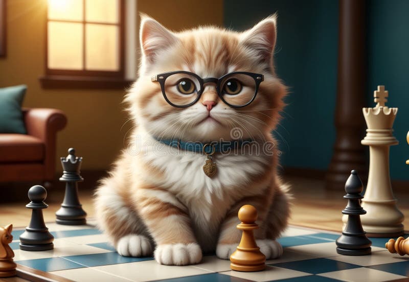 A Smart Cat Sits Thoughtfully at a Chessboard with a Chess Piece Stock ...