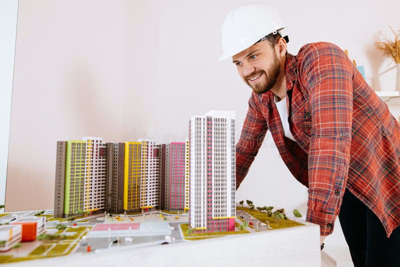 Smart Caucasian Builder in Helmet Make Building Model Stock Photo ...
