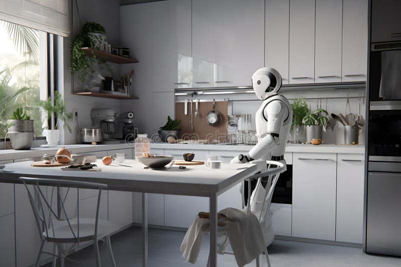 Smart Chef Robot Cook and Help in Kitchen. Modern Interior with ...
