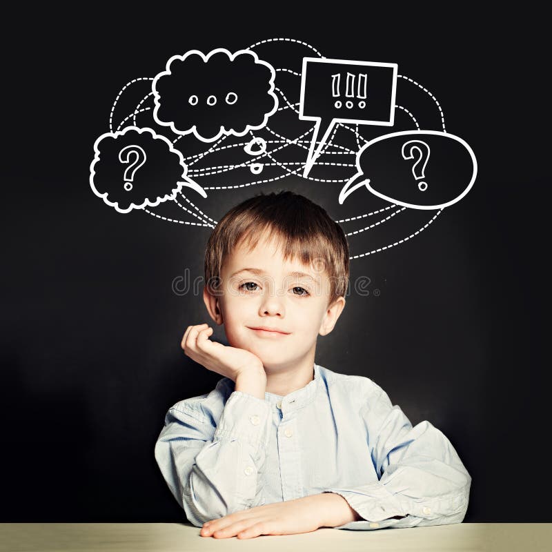 Smart Child Boy and Thought Cloud Bubble with Question Mark Above Head ...