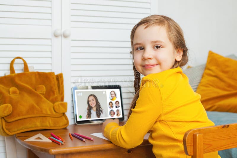 Smart Child Girl Student Studying with Laptop at Home Stock Image ...