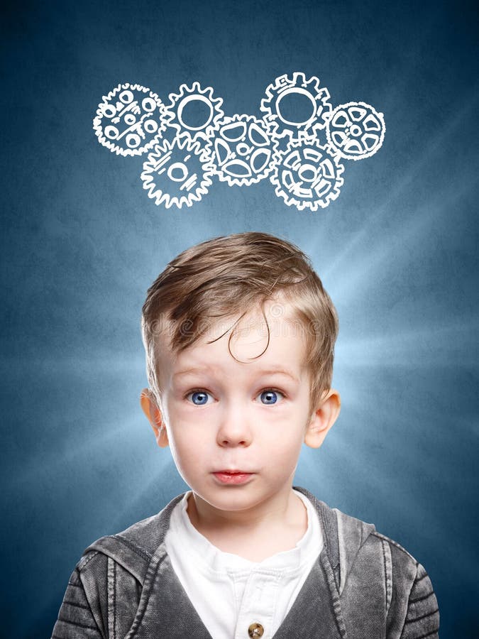 Smart Child Thinks of Looking at Gears Stock Photo - Image of business ...